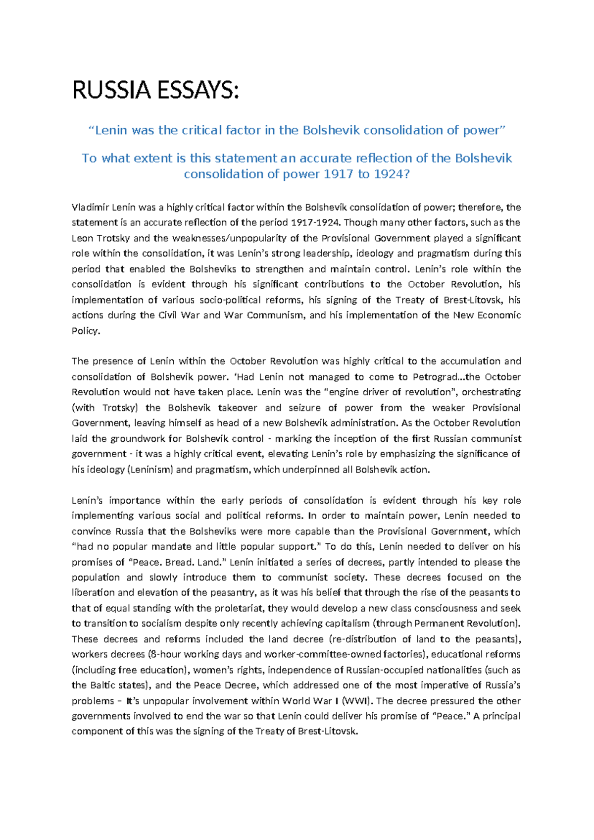 BOLSHEVIK CONSOLIDATION OF POWER (1917-1924): A CRITICAL ANALYSIS - Studocu