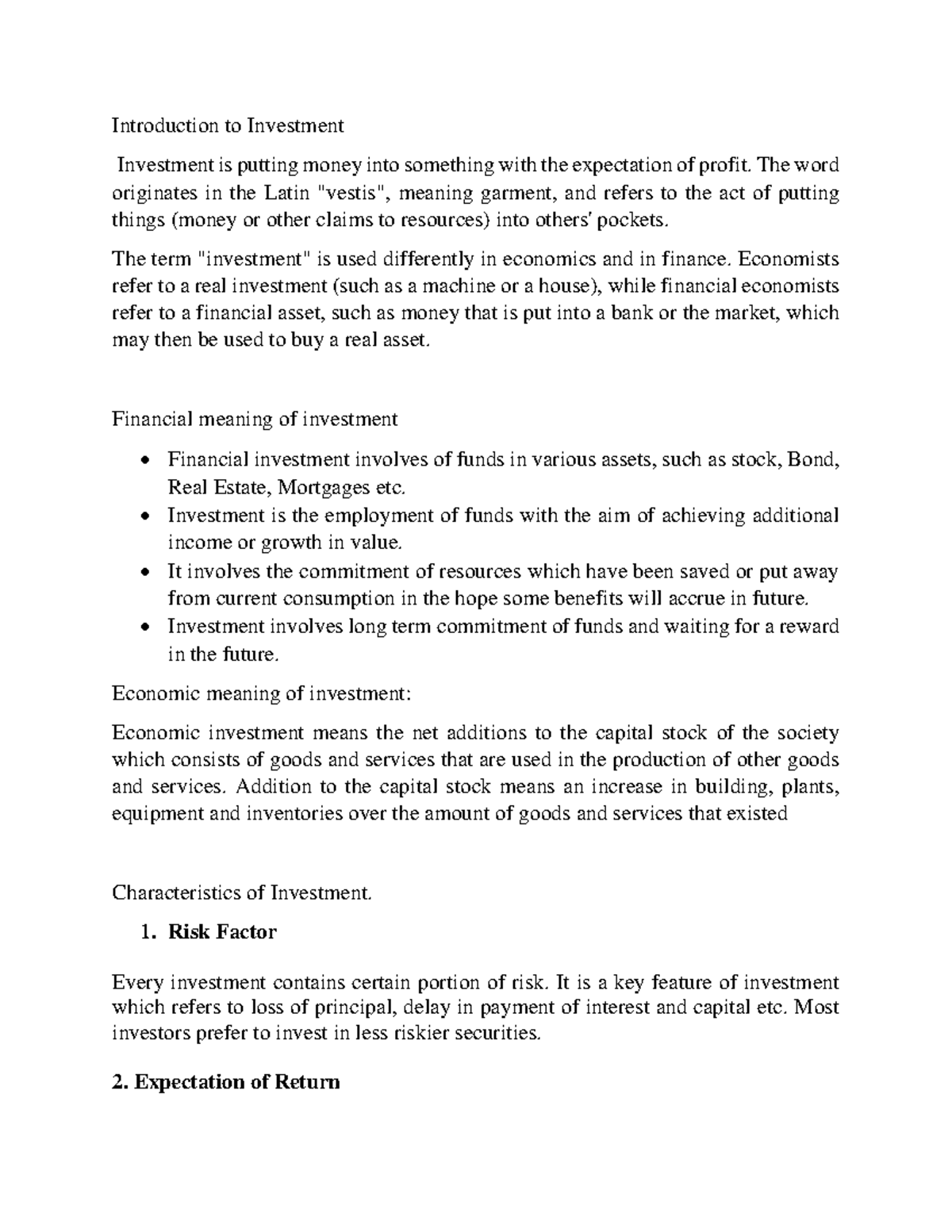Lecture-1: Understanding Investment Concepts and Characteristics - Studocu