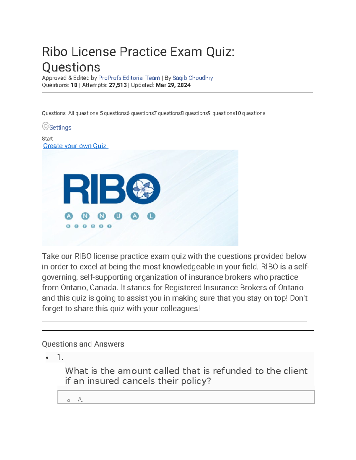 RIBO License Practice Exam Quiz: Test Your Insurance Knowledge - Studocu