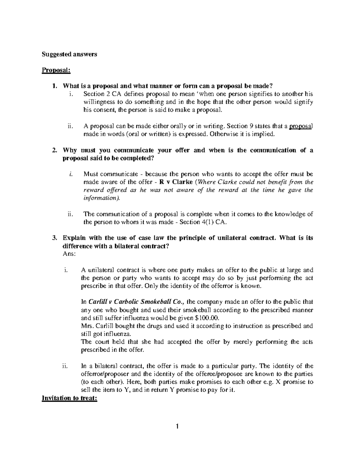 Tutorial 1: Offer and proposal concepts in contract law BL1 - Studocu