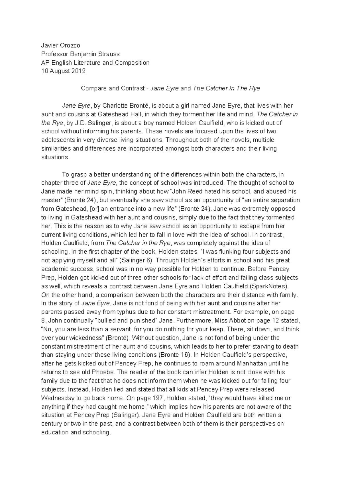 AP English Literature Comparison: _Jane Eyre_ vs. _Catcher in the Rye ...