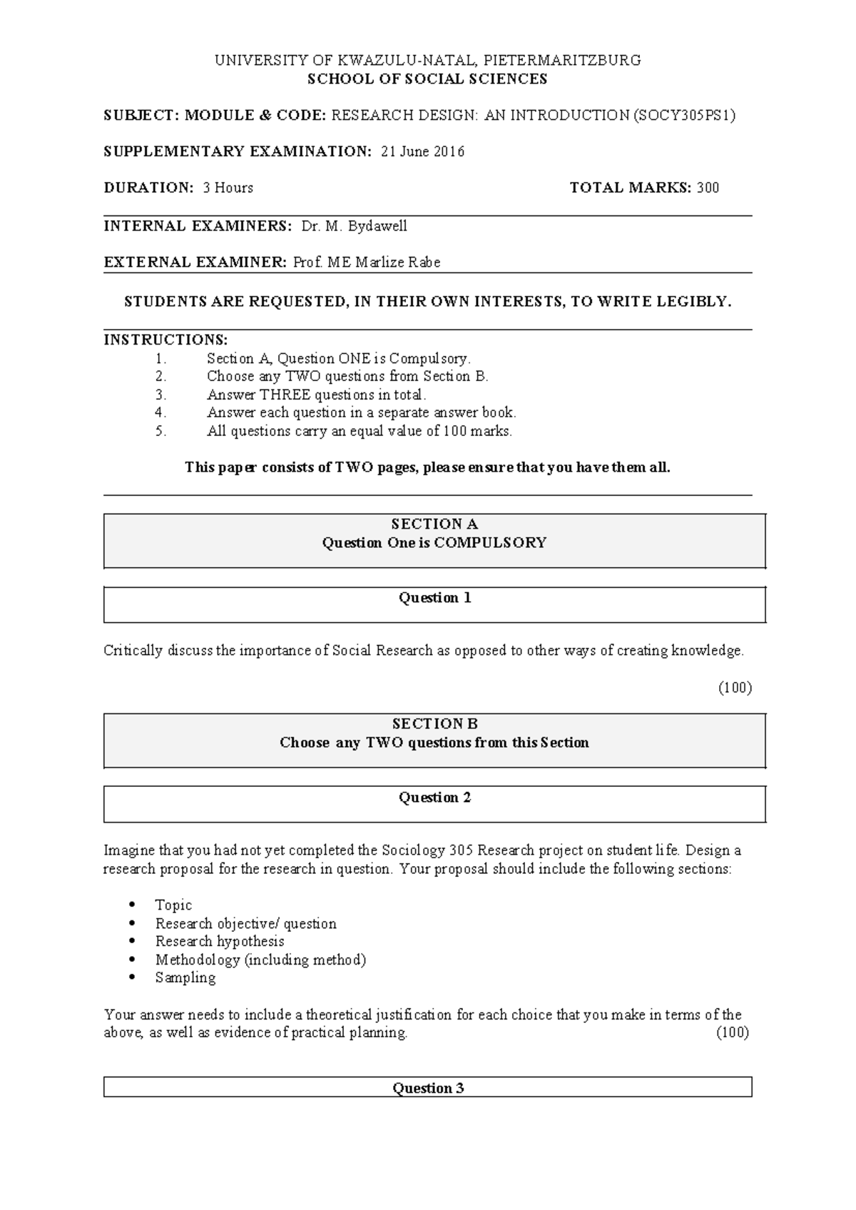 Research Design: An Introduction SOCY305PS1 Supplementary Exam 2016 ...