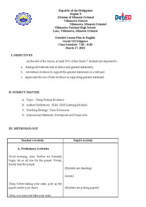 English 10 DLL quarter - Detailed Lesson Plan - GRADE 10 DAILY LESSON LOG School: CABUYAO ...