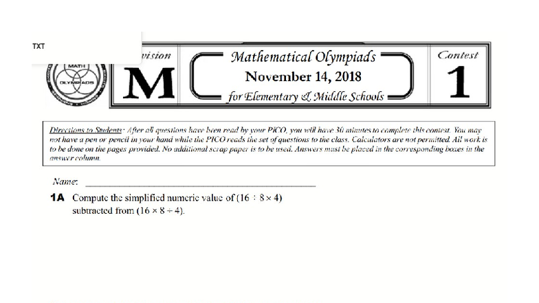 MATH OLYMPIADS M C 2018-2019 Contest 1 Solutions and Strategies - Studocu
