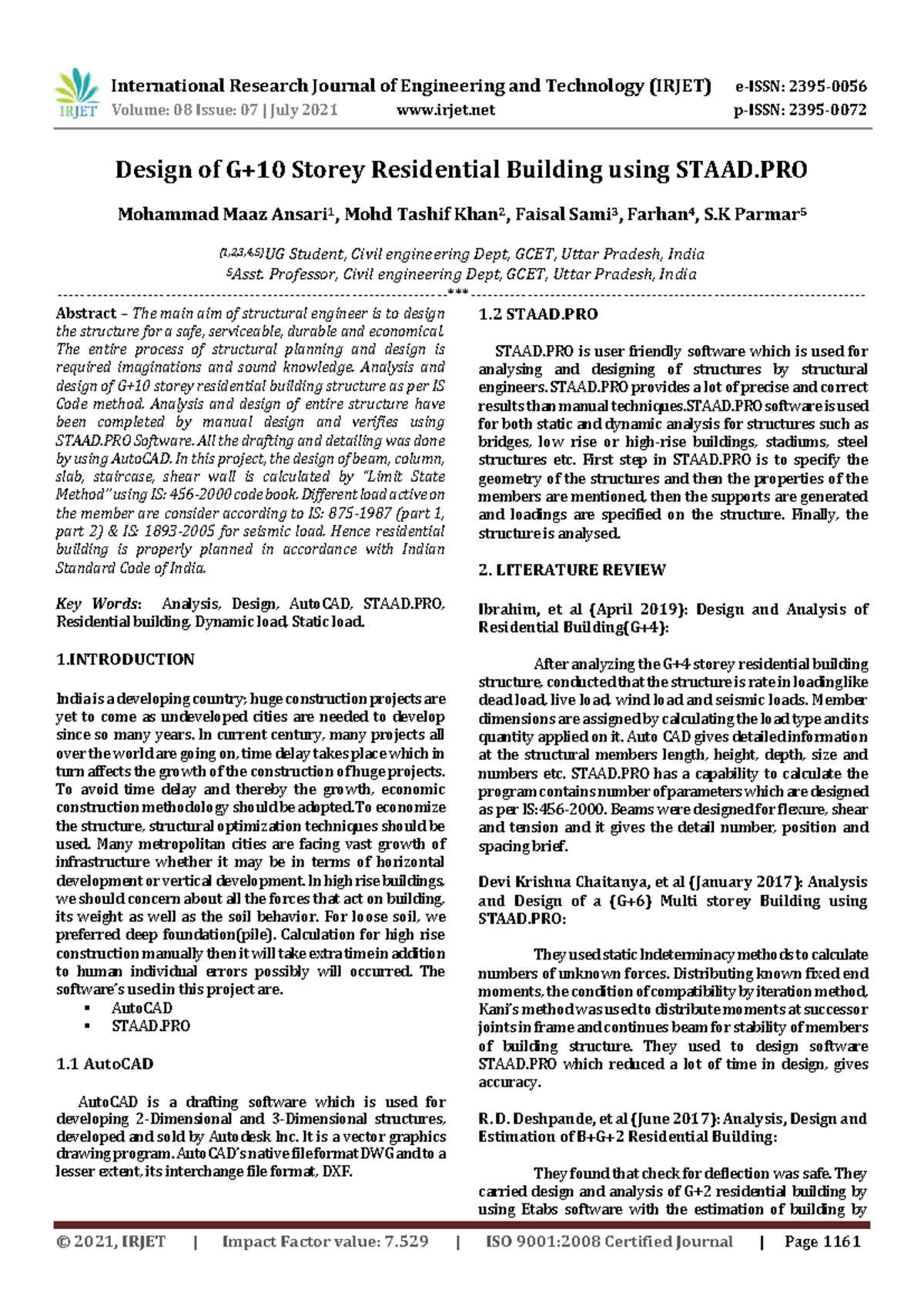 Design and Analysis of G+10 Residential Building via STAAD - Studocu