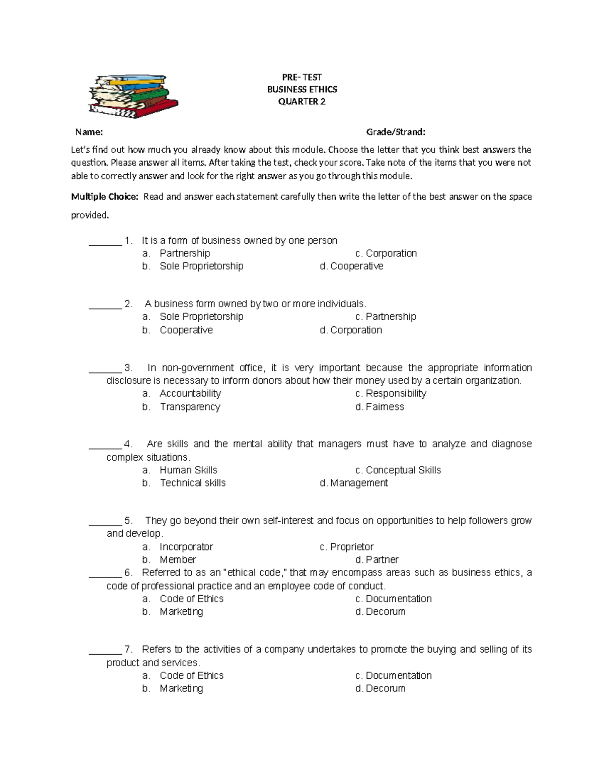 BUSINESS ETHICS TEST Q2: PRETEST QUESTIONS & ANSWERS - Studocu