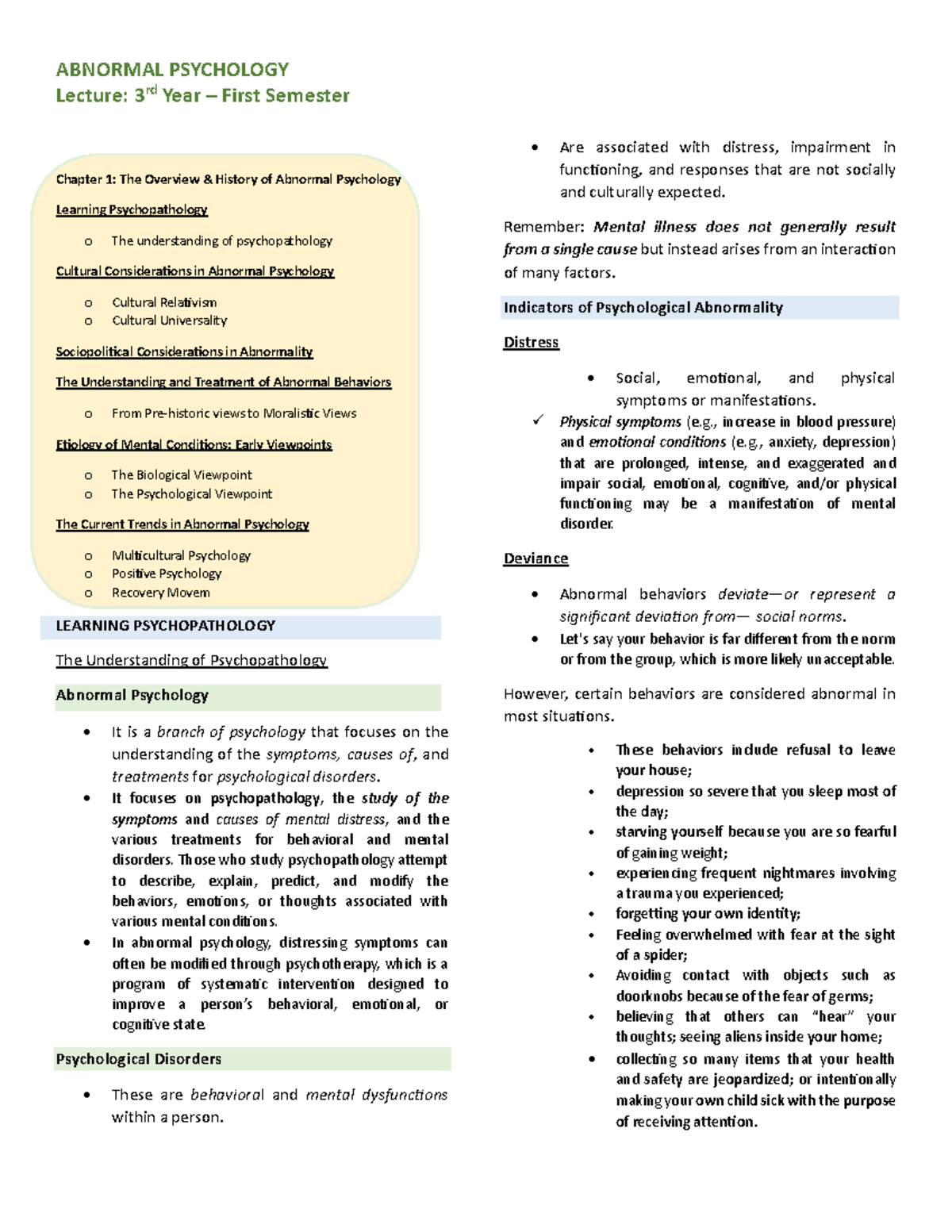 ABNORMAL PSYCHOLOGY Lecture: 3rd Year First Semester Chapter 1 Overview ...
