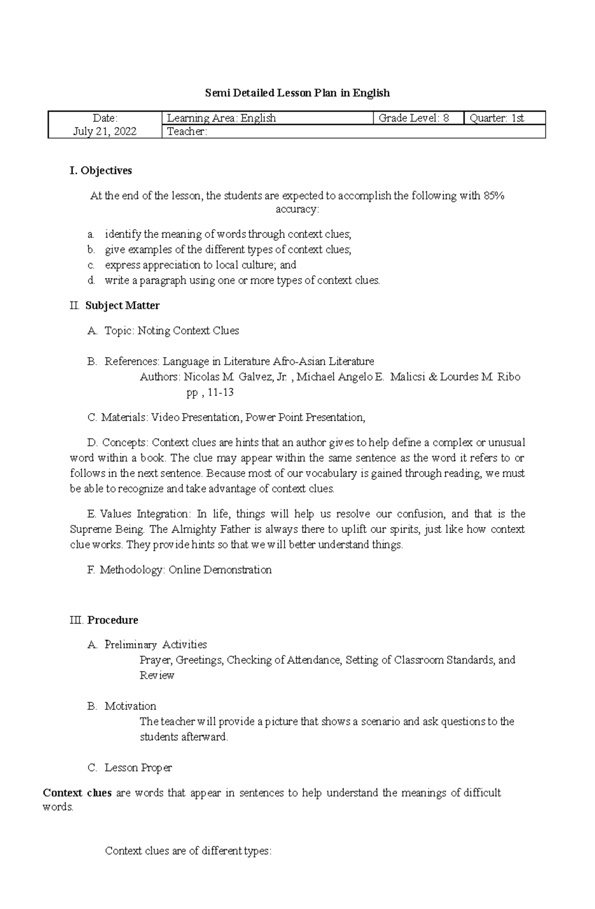 Context Clues - Detailed Lesson Plan for Grade 8 English - Studocu