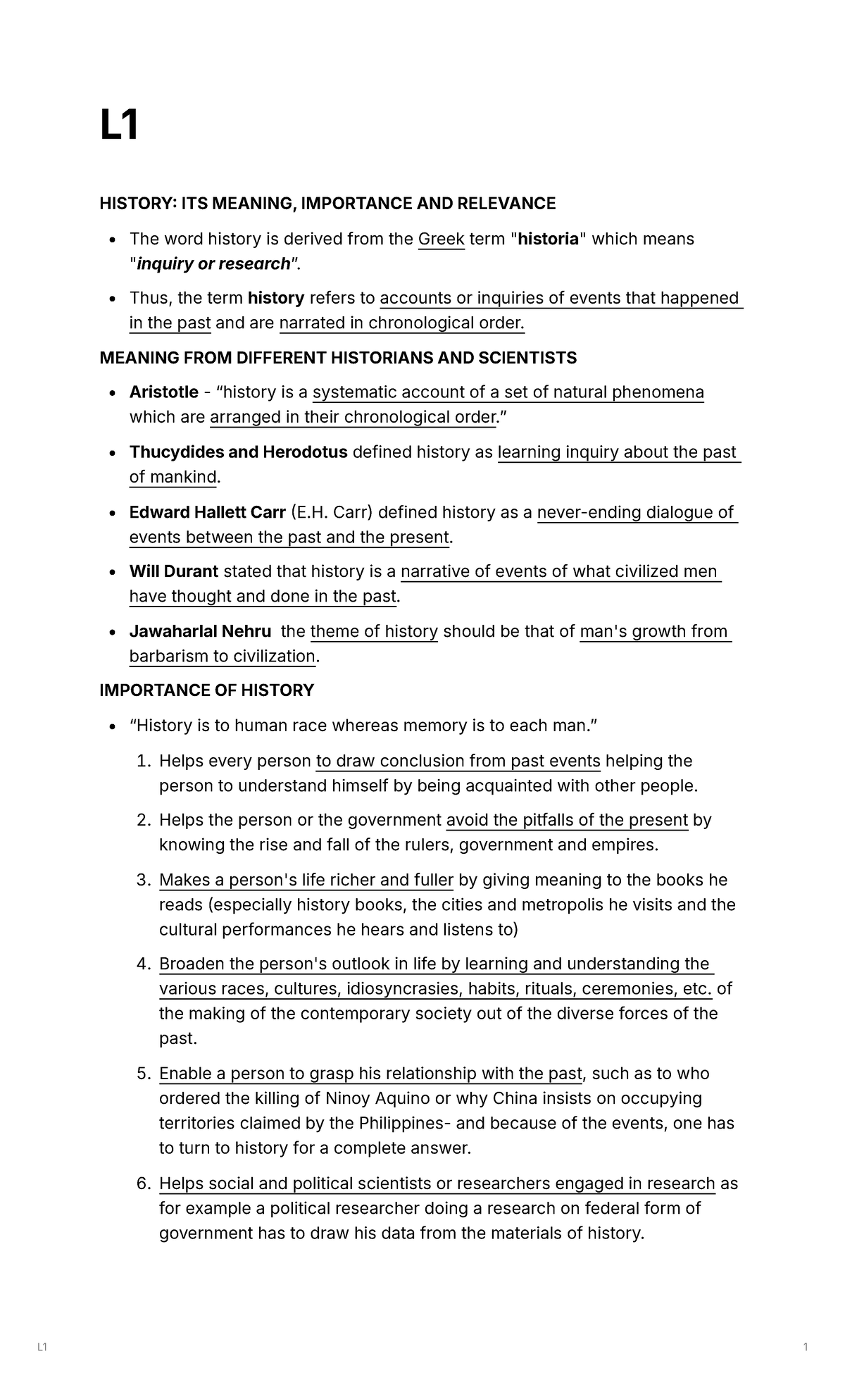 L1 HISTORY: MEANING, IMPORTANCE & RELEVANCE IN SOCIETY - Studocu