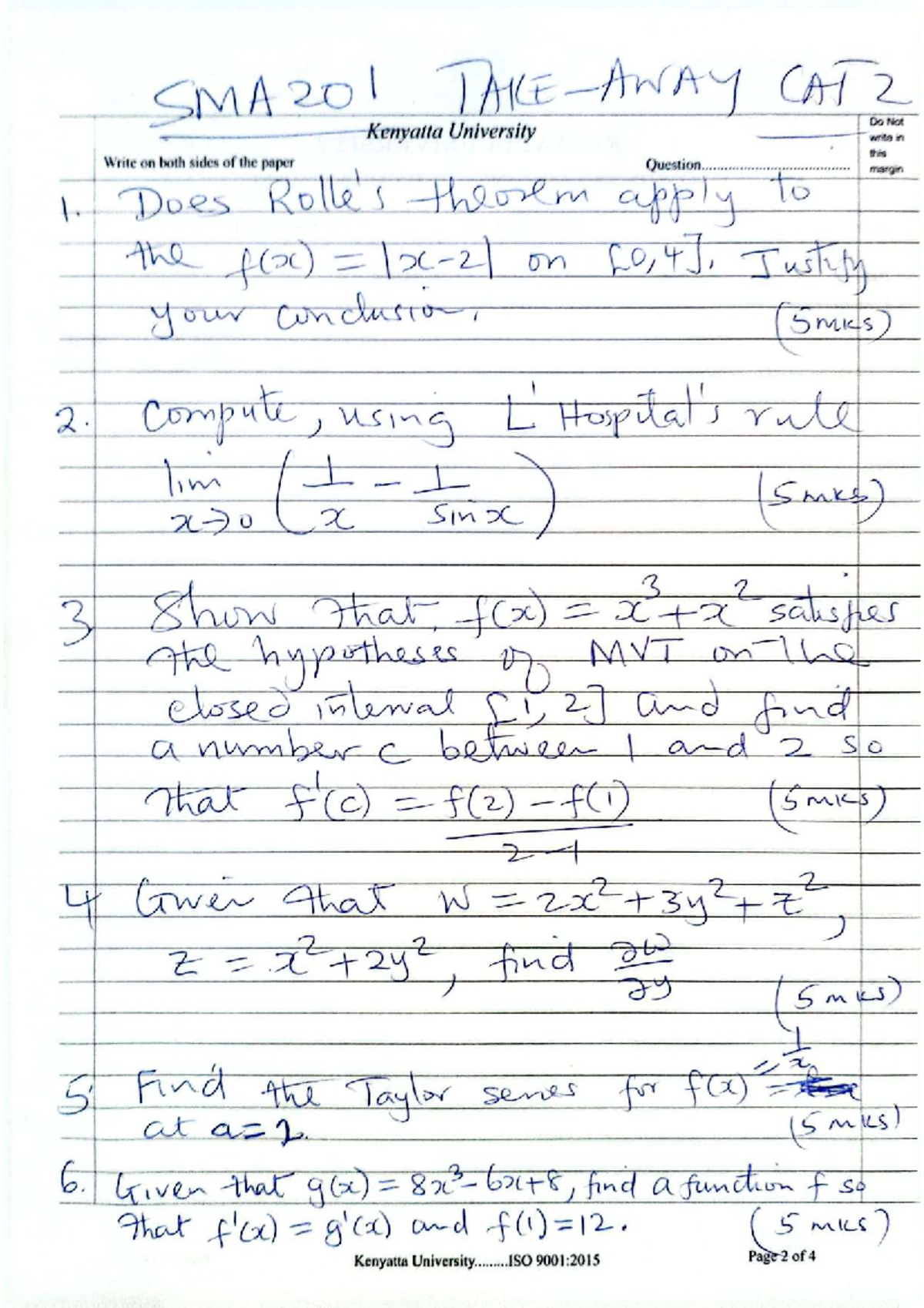 SMA201 CAT2 Calculus Exam Questions and Solutions - Studocu
