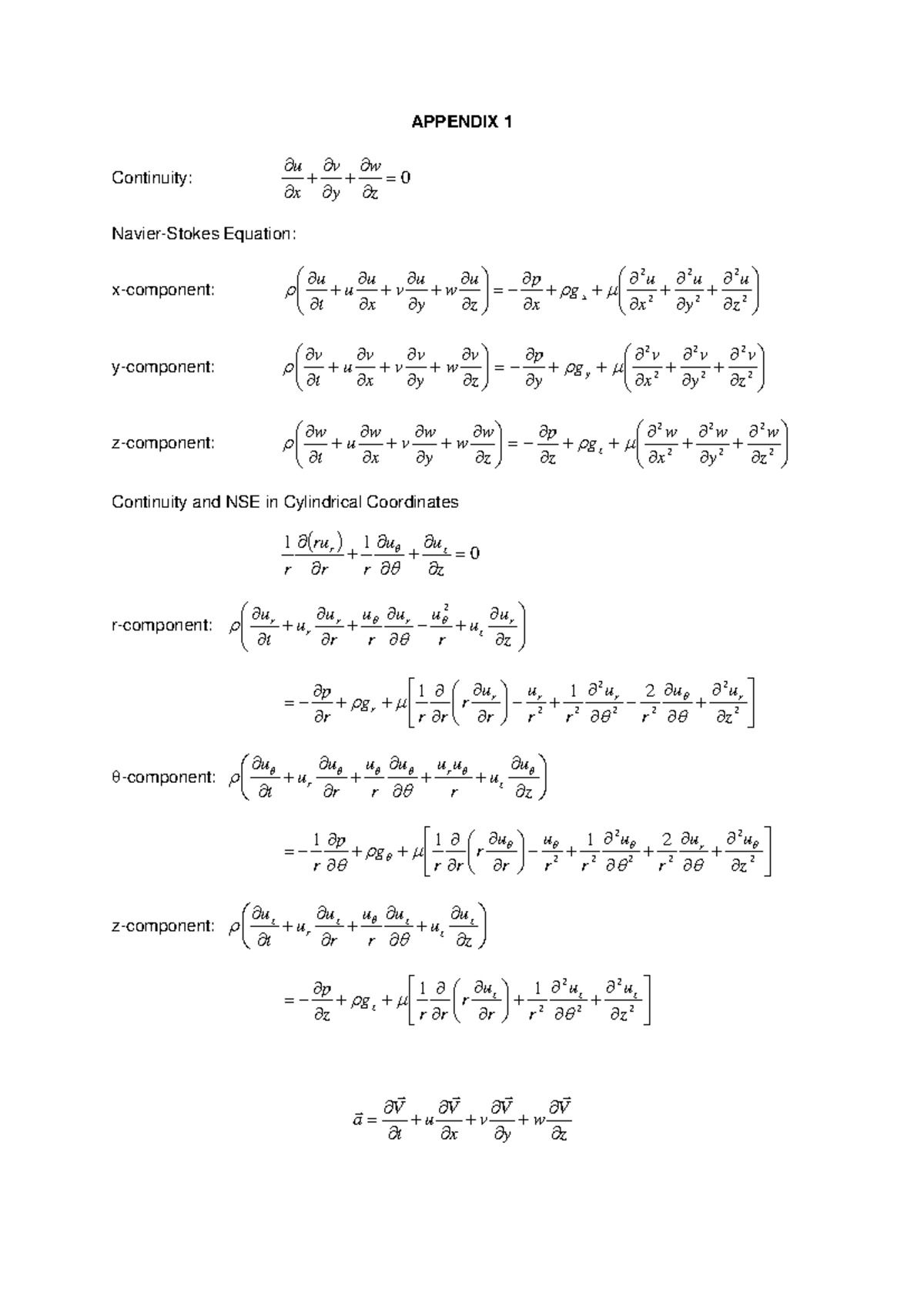 Fluid Dynamics: Continuity & Navier-Stokes Equations (Appendix 1) - Studocu