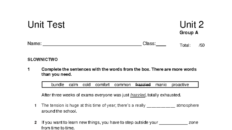 Focus 5 2E Unit Test Unit 2 Group A - Vocabulary & Grammar - Studocu