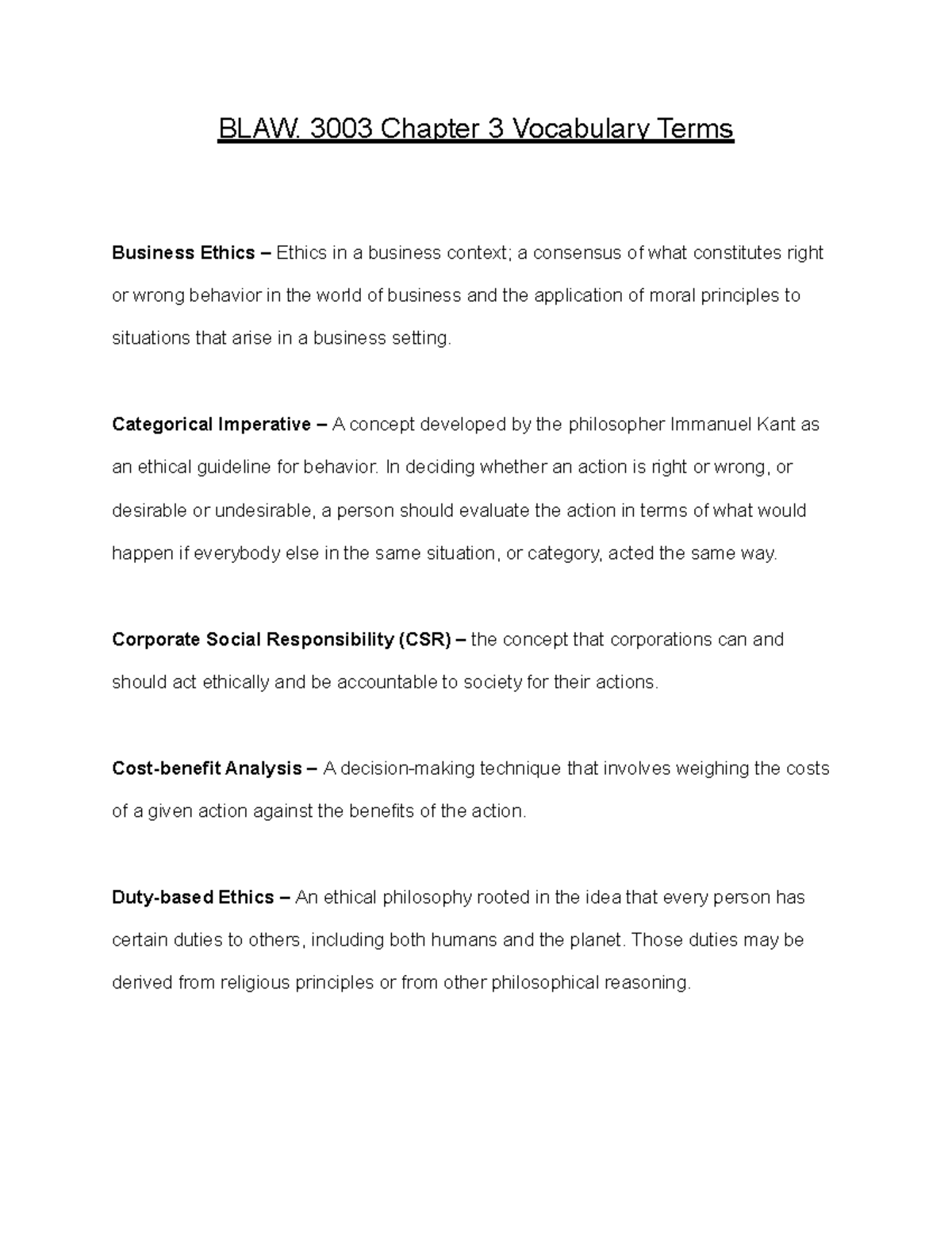 BLAW 3003: Chapter 3 Business Ethics Vocabulary Terms Guide - Studocu