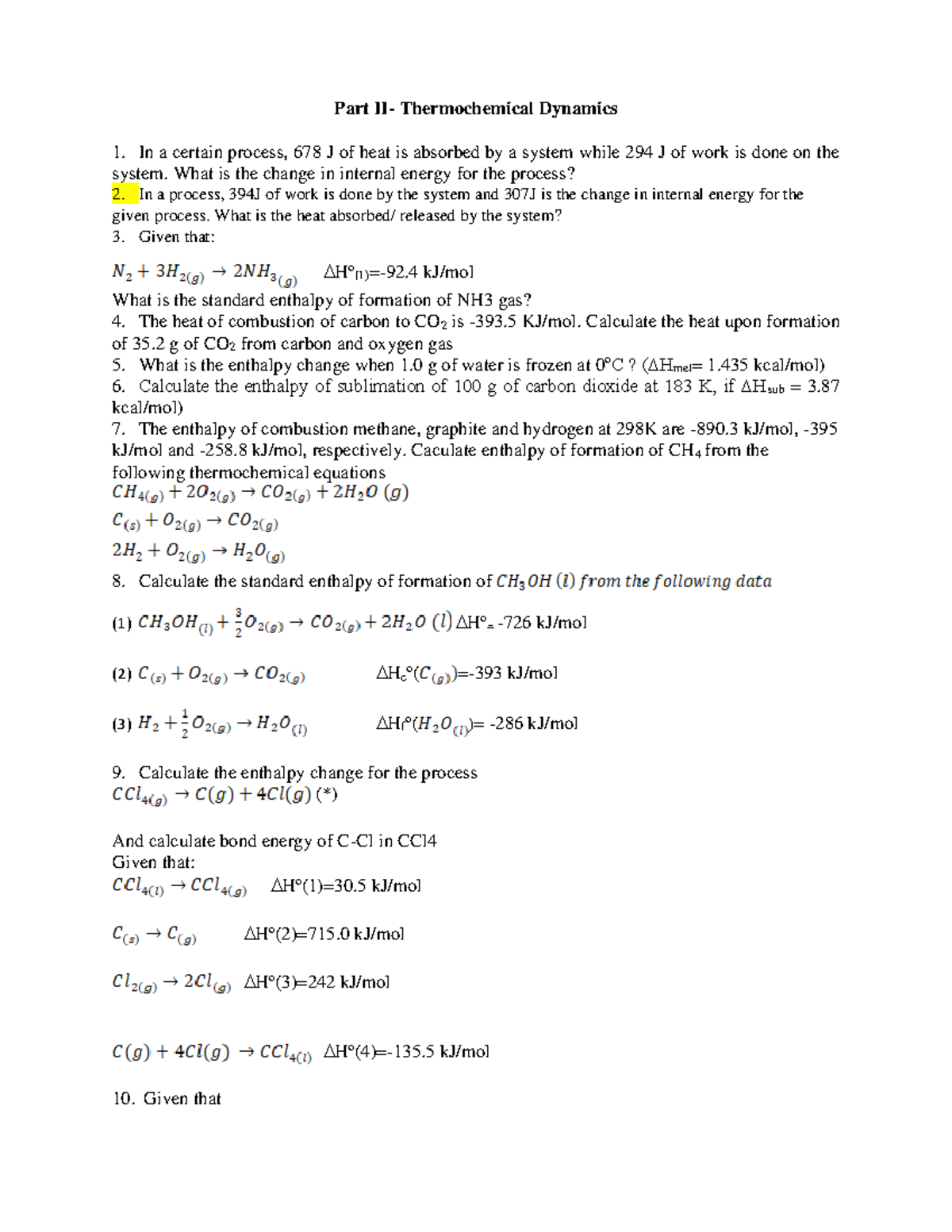 Exercise-part 2- 2022 - Part II- Thermochemical Dynamics In a certain ...