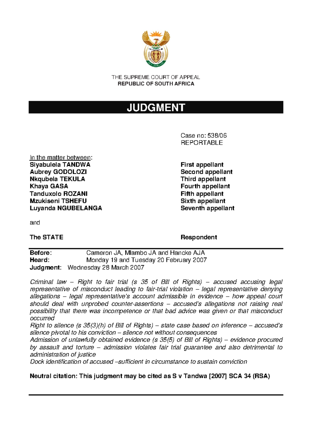Case Study on Fair Trial Violation: S v Tandwa [2008] 1 SACR 613 SCA - Studocu