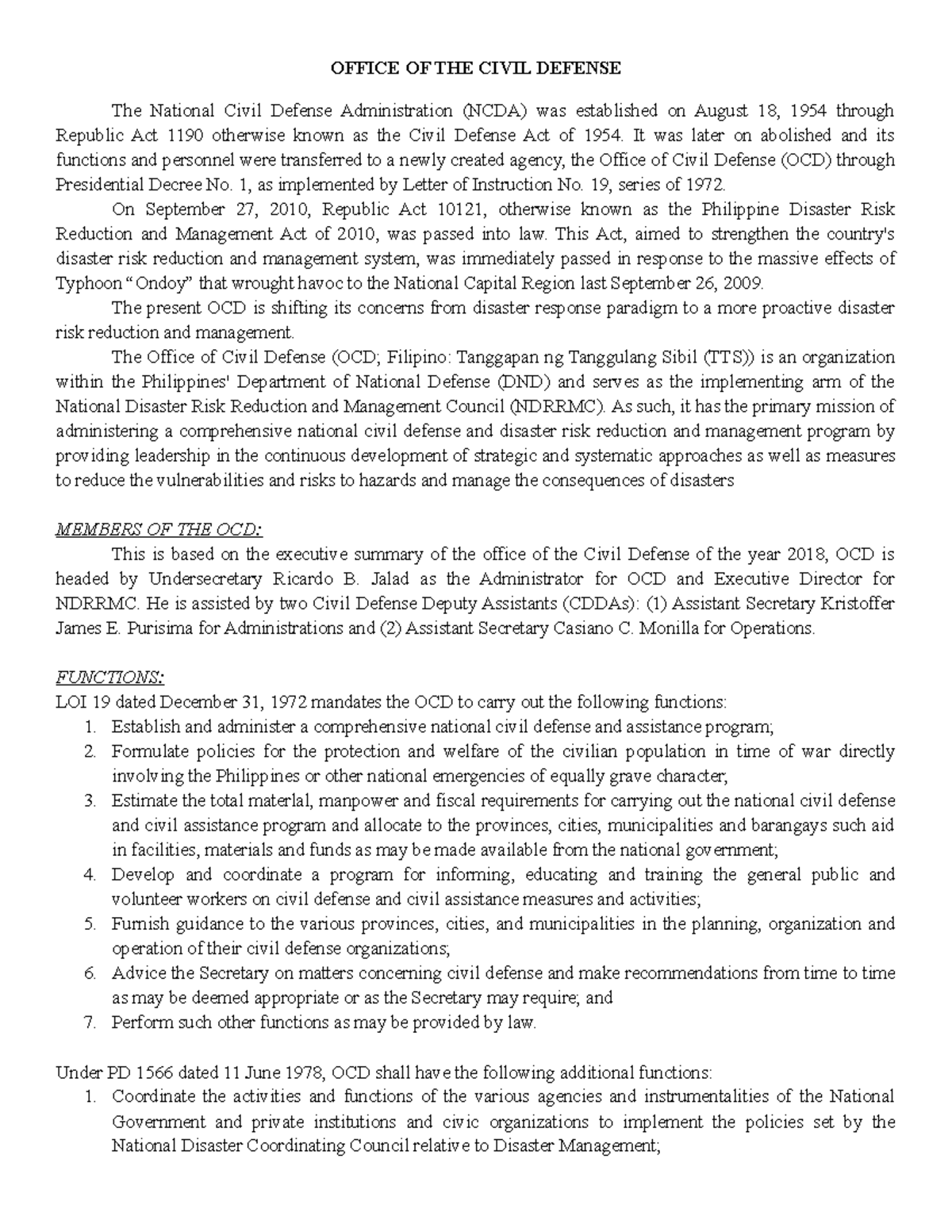 Title: Overview of the Office of Civil Defense and Its Functions - Studocu