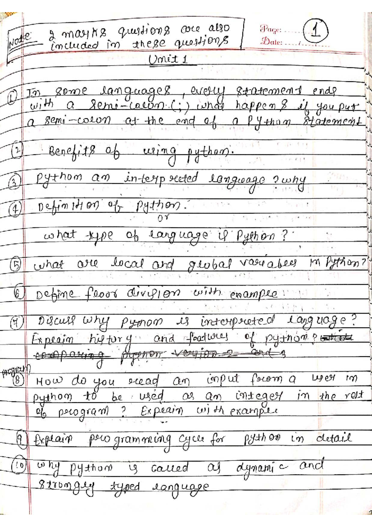 Important Questions for Python Programming (Unit 1 & 5) - Studocu