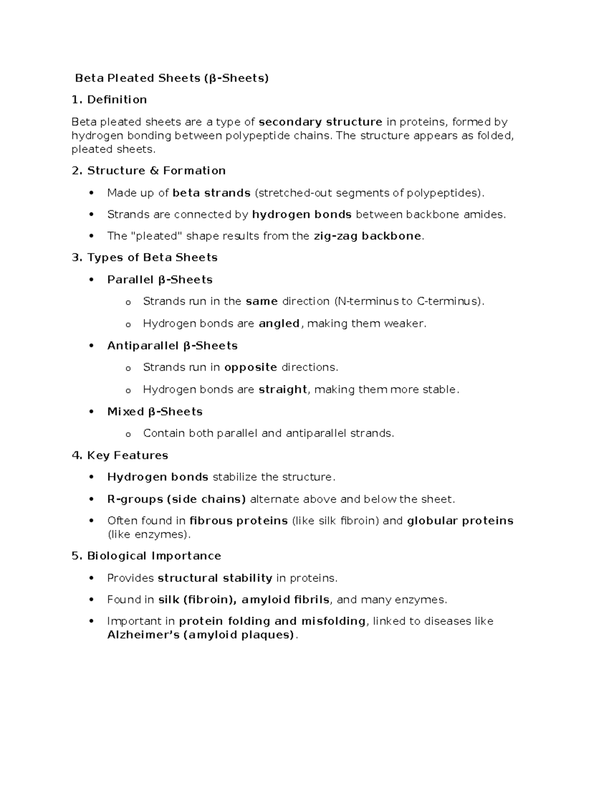 Beta sheets notes - Beta Pleated Sheets (β-Sheets) 1. Definition Beta ...