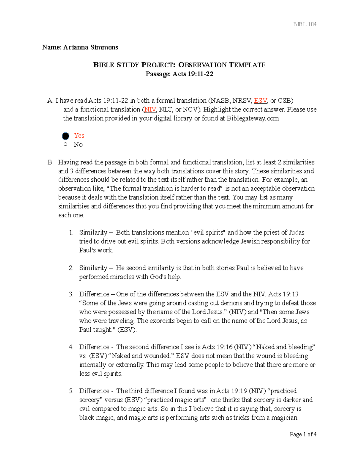 Bible Study Project Observation Template - Name: Arianna Simmons BIBLE ...