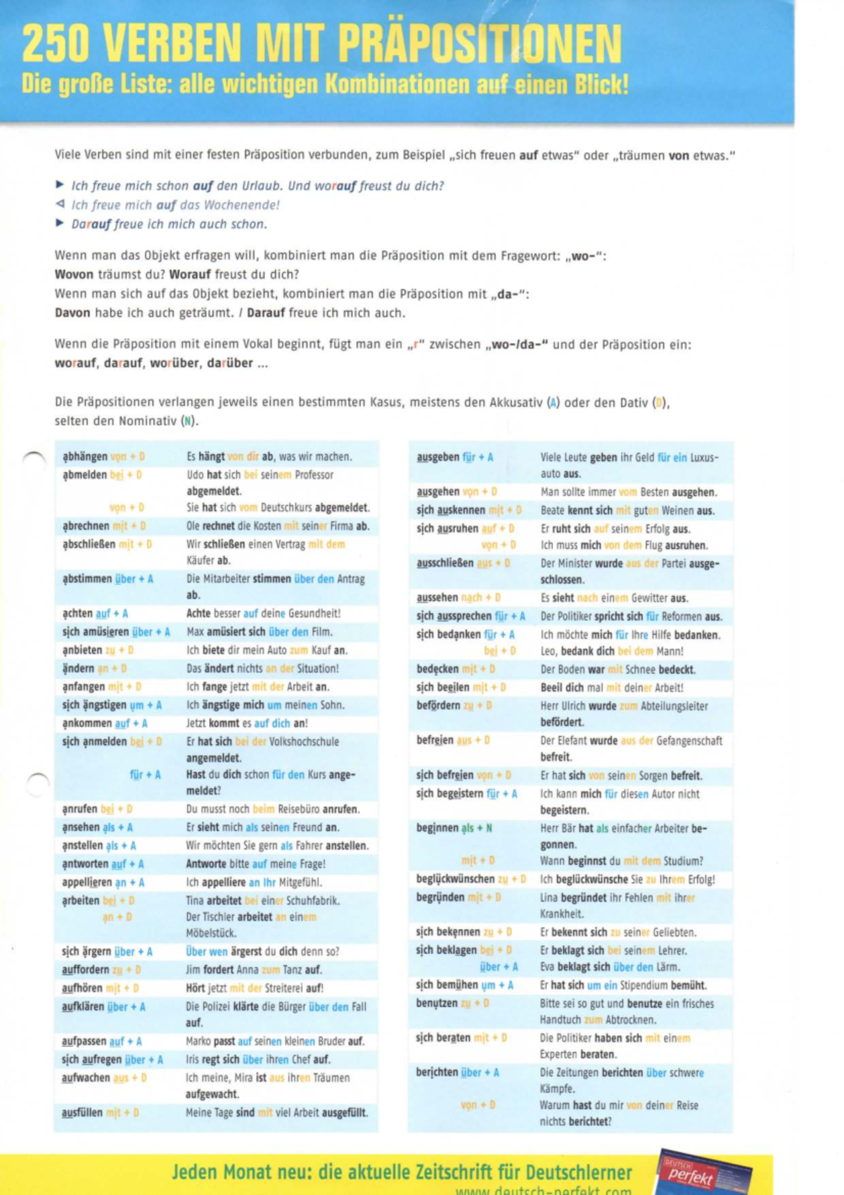 250 VERBEN MIT PRÄPOSITIONEN: Die große Liste für Deutschlerner - Studocu