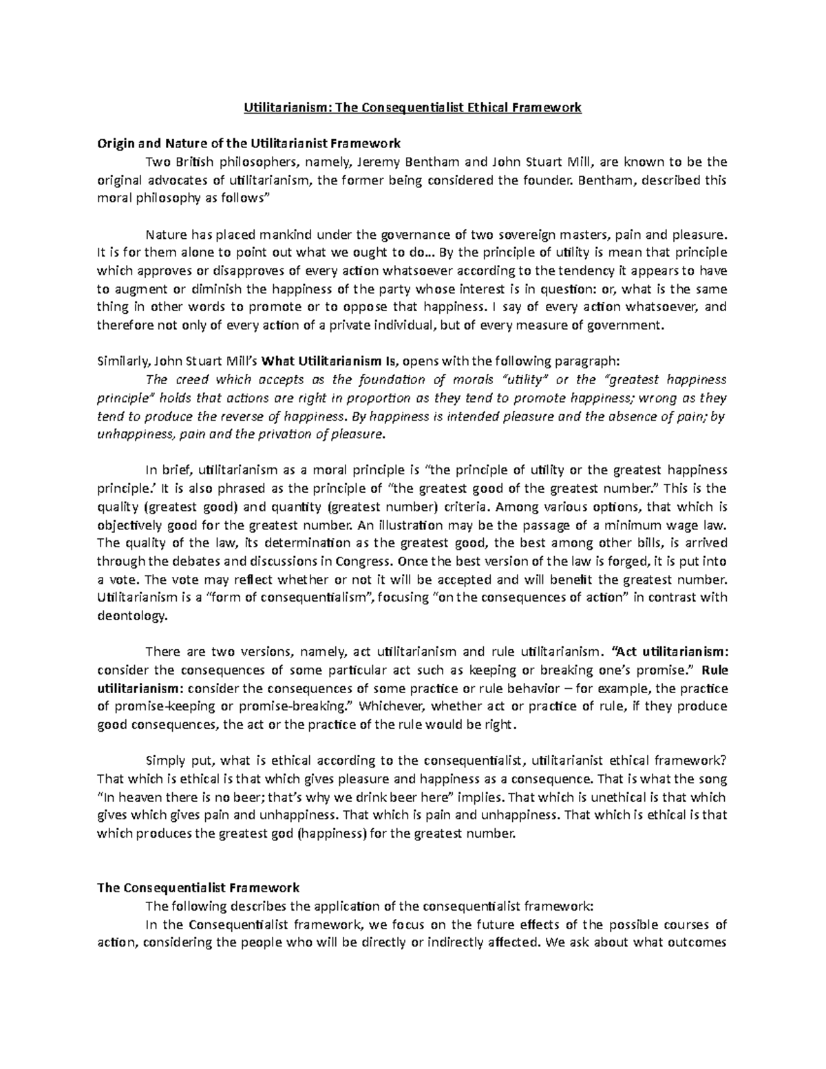 Utilitarianism The Consequentialist Ethical Framework - Bentham ...