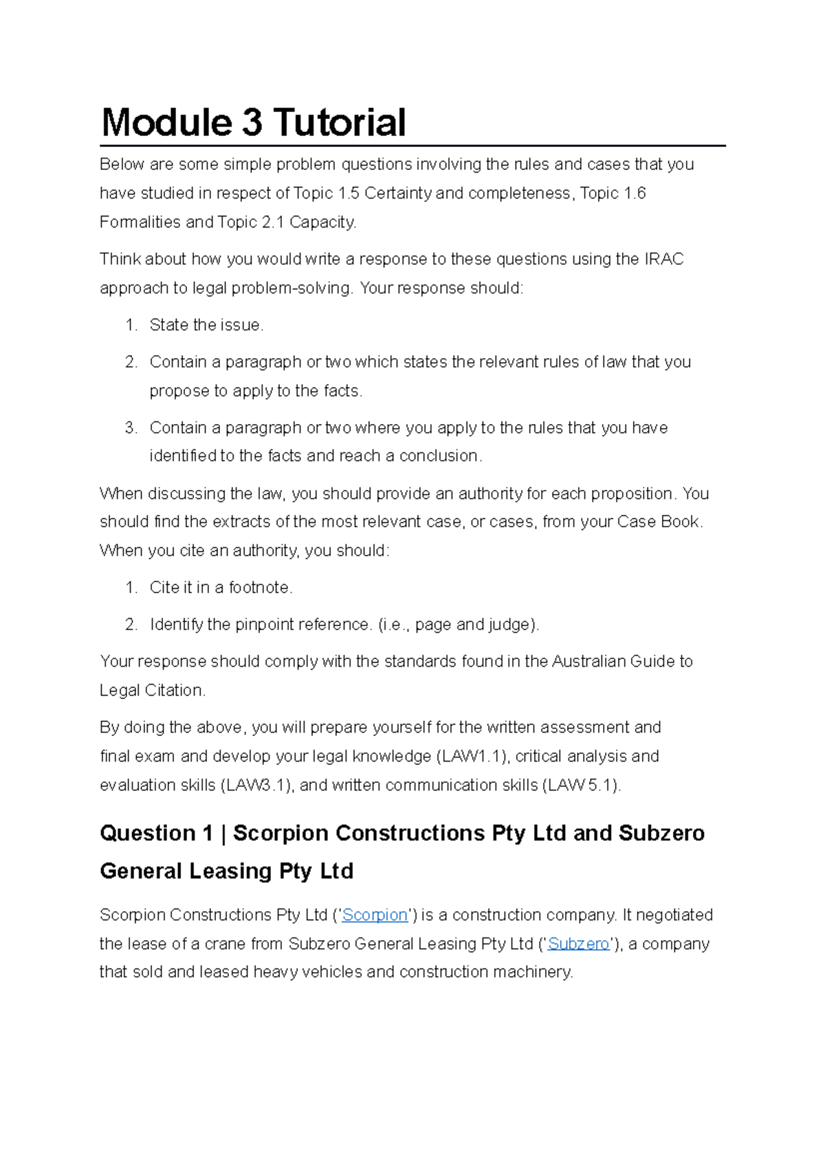 LAW1011 Module 3 Tutorial: Analyzing Contracts and Irregularities - Studocu