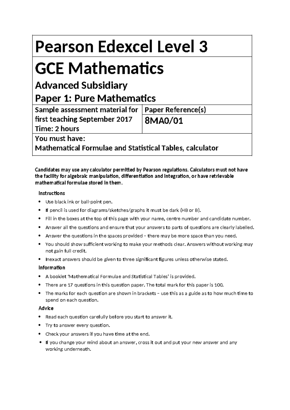 GCE Maths 8MA0/ AS Paper 1: Pure Mathematics Sample Assessment ...