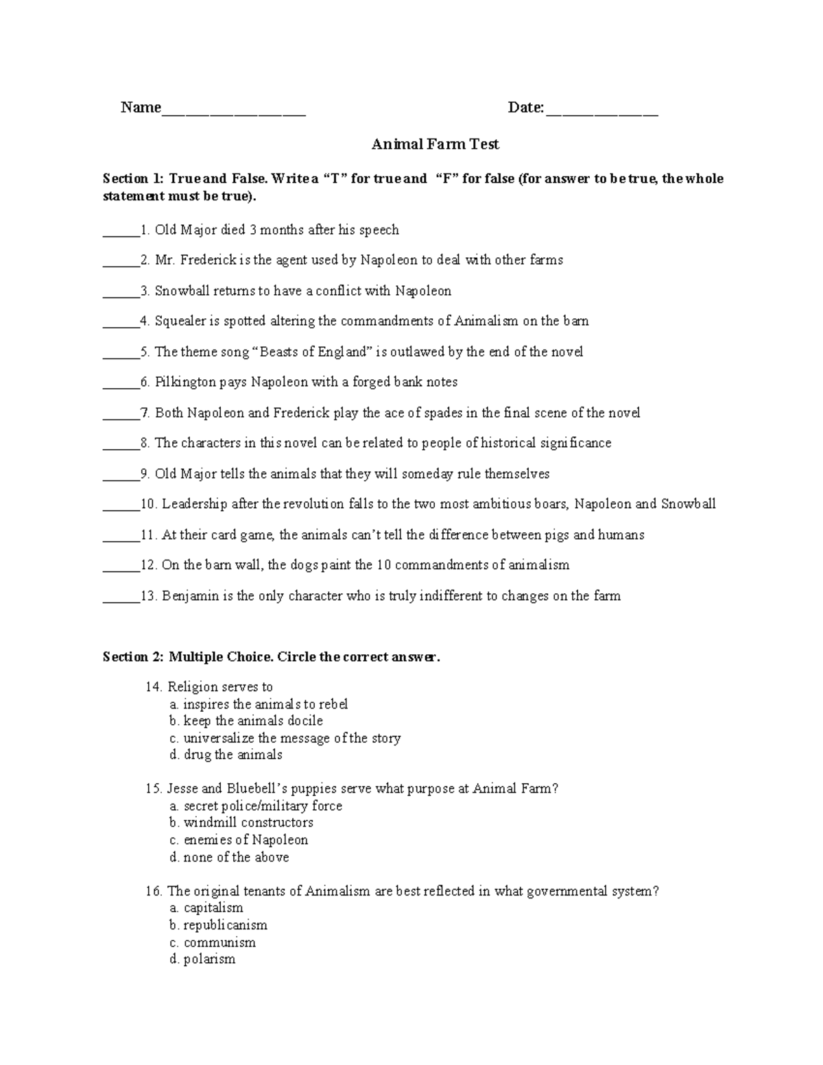 Animal Farm Test (ENG 101): True/False & Multiple Choice Questions ...