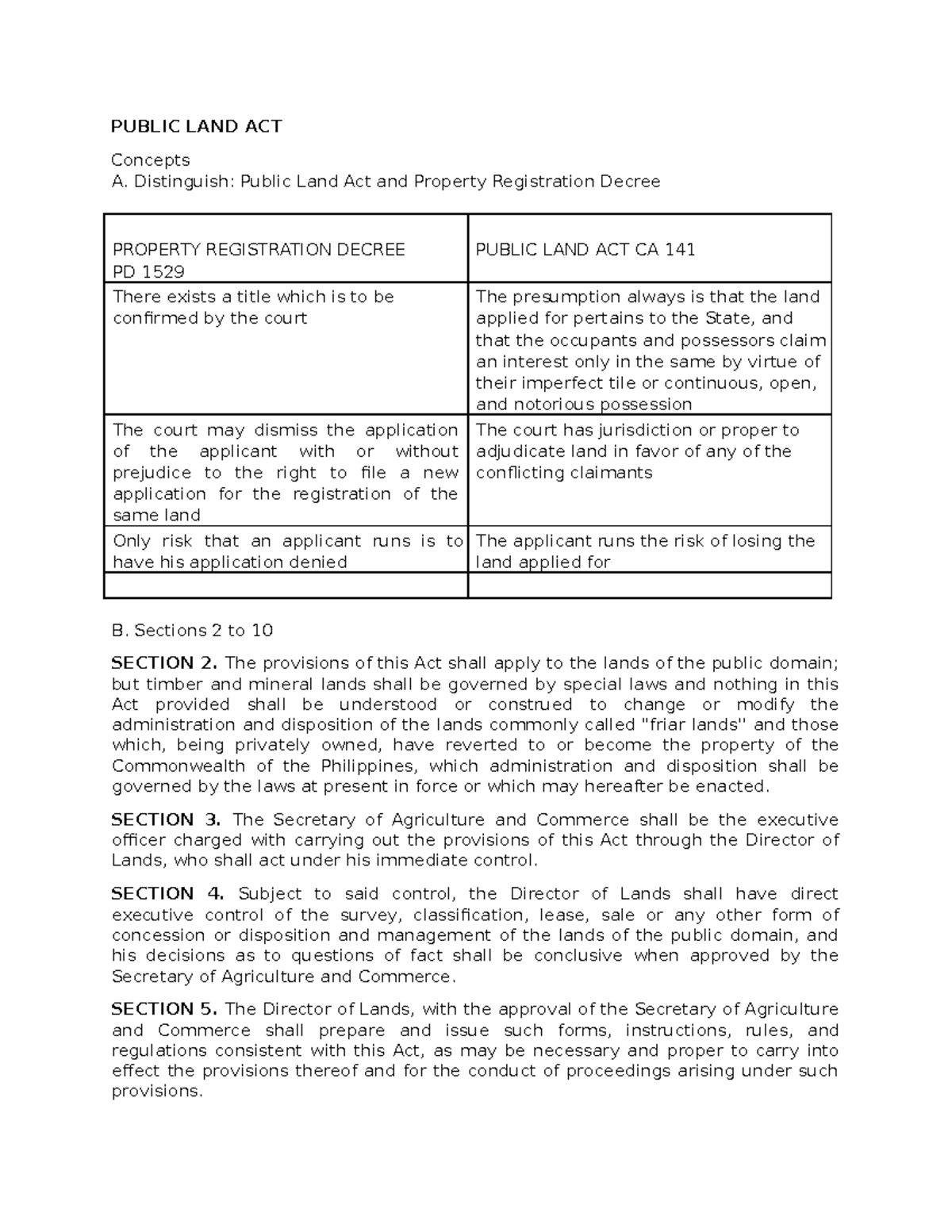 Public Land Act (CA 141) - Key Concepts and Important Sections Notes ...