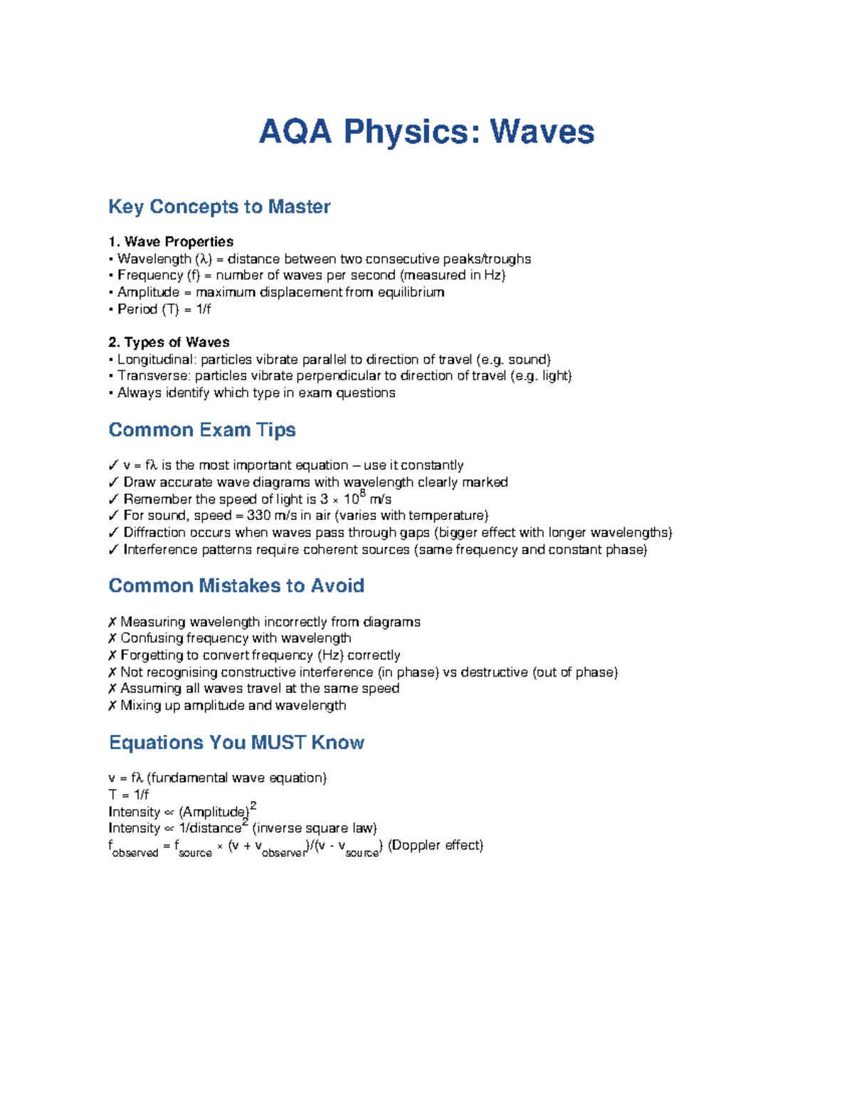 AQA Physics: Waves Key Concepts & Exam Tips for Mastery - Studocu