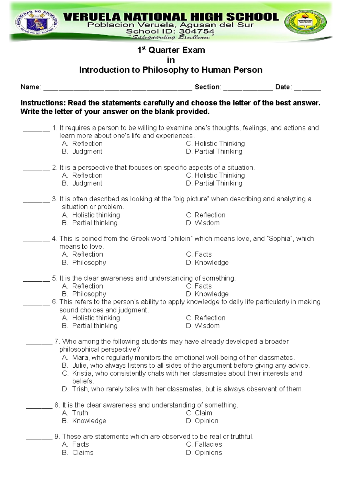 1st quarter exam in Philosophy - 1 st Quarter Exam in Introduction to ...