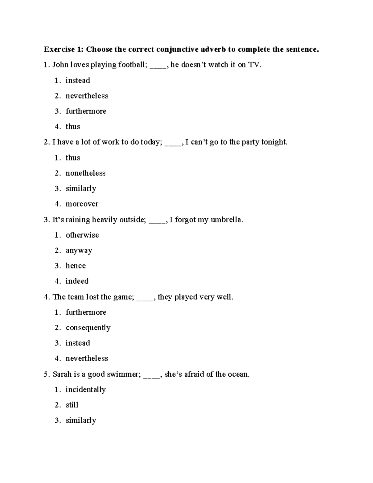 Exercise 1: Conjunctive Adverbs Practice and Completion - Studocu