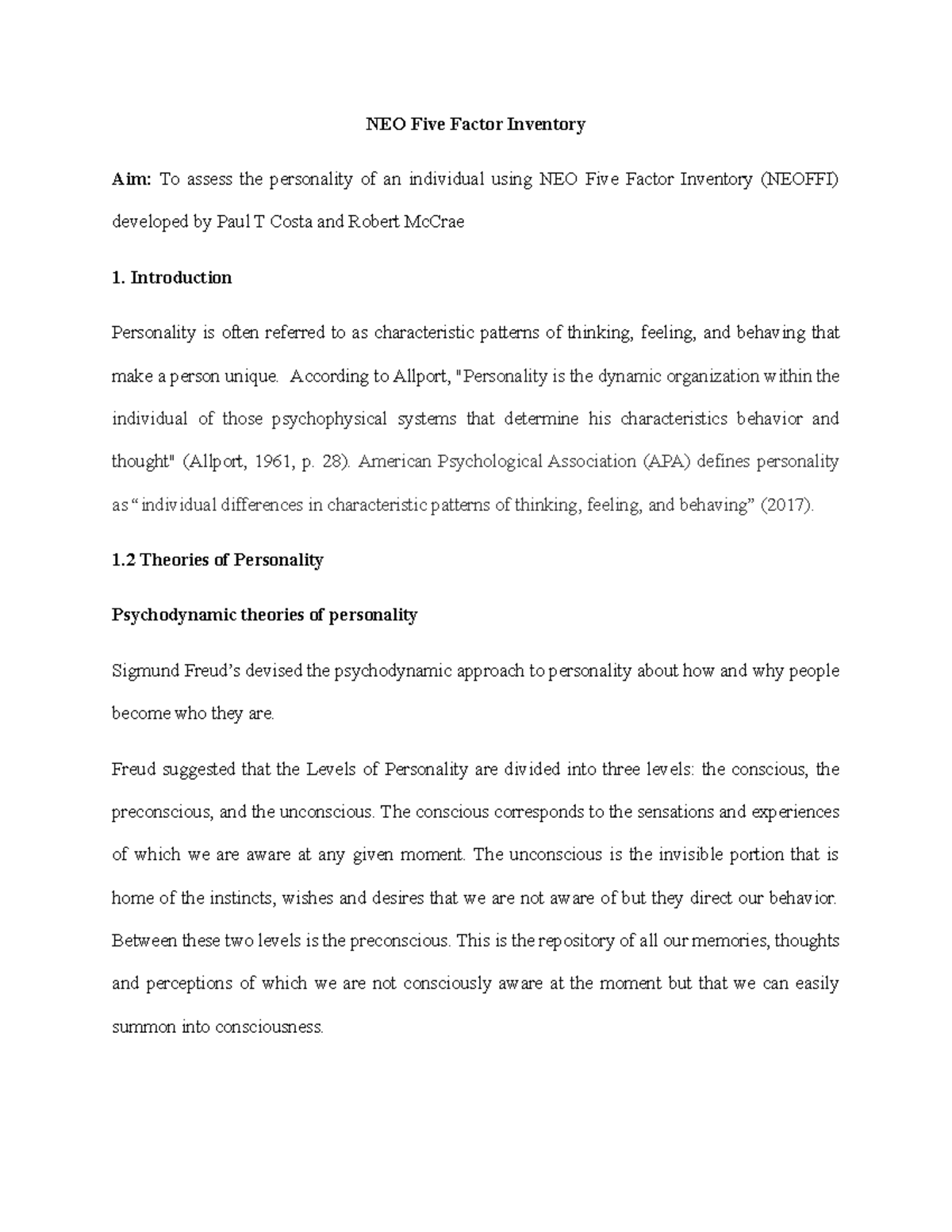 NEO Five Factor Inventory (NEOFFI): An Assessment of Personality Traits ...