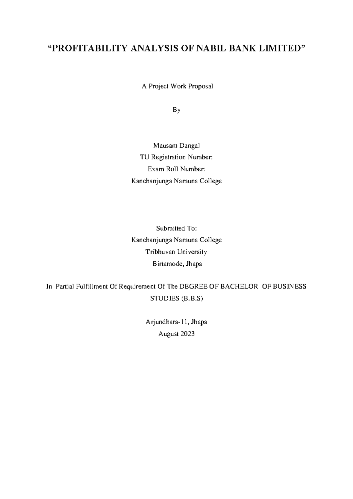 Profitability Analysis of Nabil Bank Limited: Project Proposal BBS - Studocu
