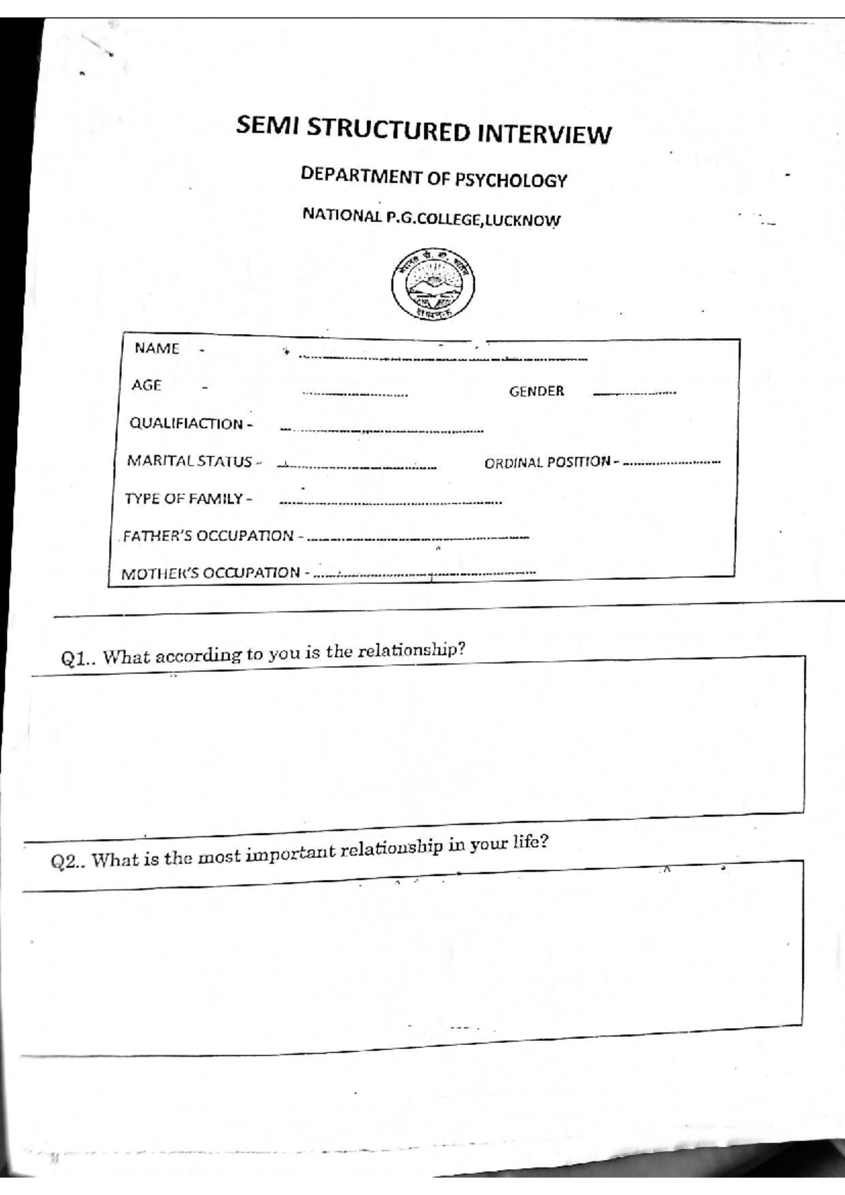 SEMI-STRUCTURED INTERVIEW NOTES - DEPT. OF PSYCHOLOGY - Studocu