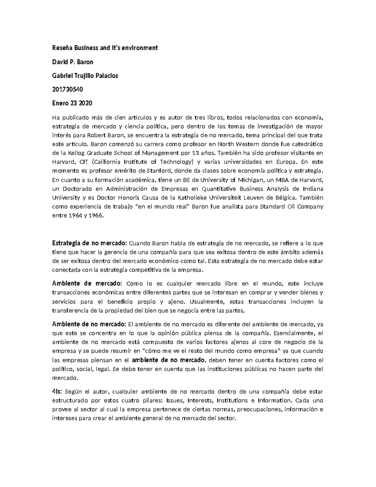 Reseña sobre "Business and Environment" - David P. Baron 201730540 ...