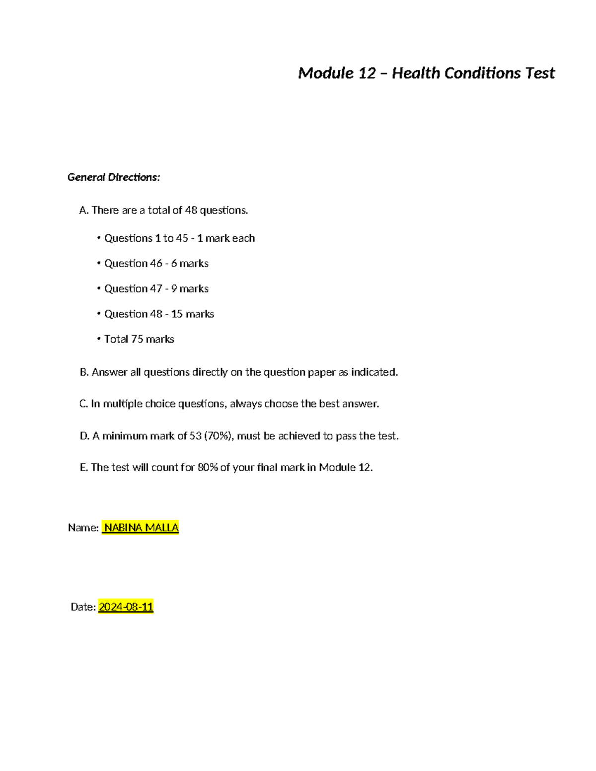 Module 12 Health Conditions Test: General Directions & Questions - Studocu