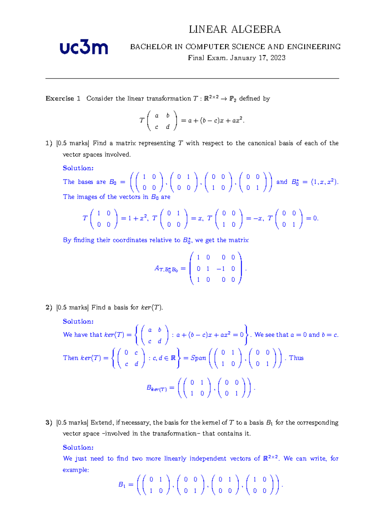FINAL EXAM: LINEAR ALGEBRA - BACHELOR IN CSE (JAN 2023) - Studocu