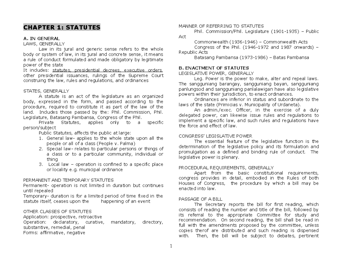 CHAPTER 1: STATUTES AND LEGISLATIVE POWER IN PHILIPPINE LAW (StatCon ...