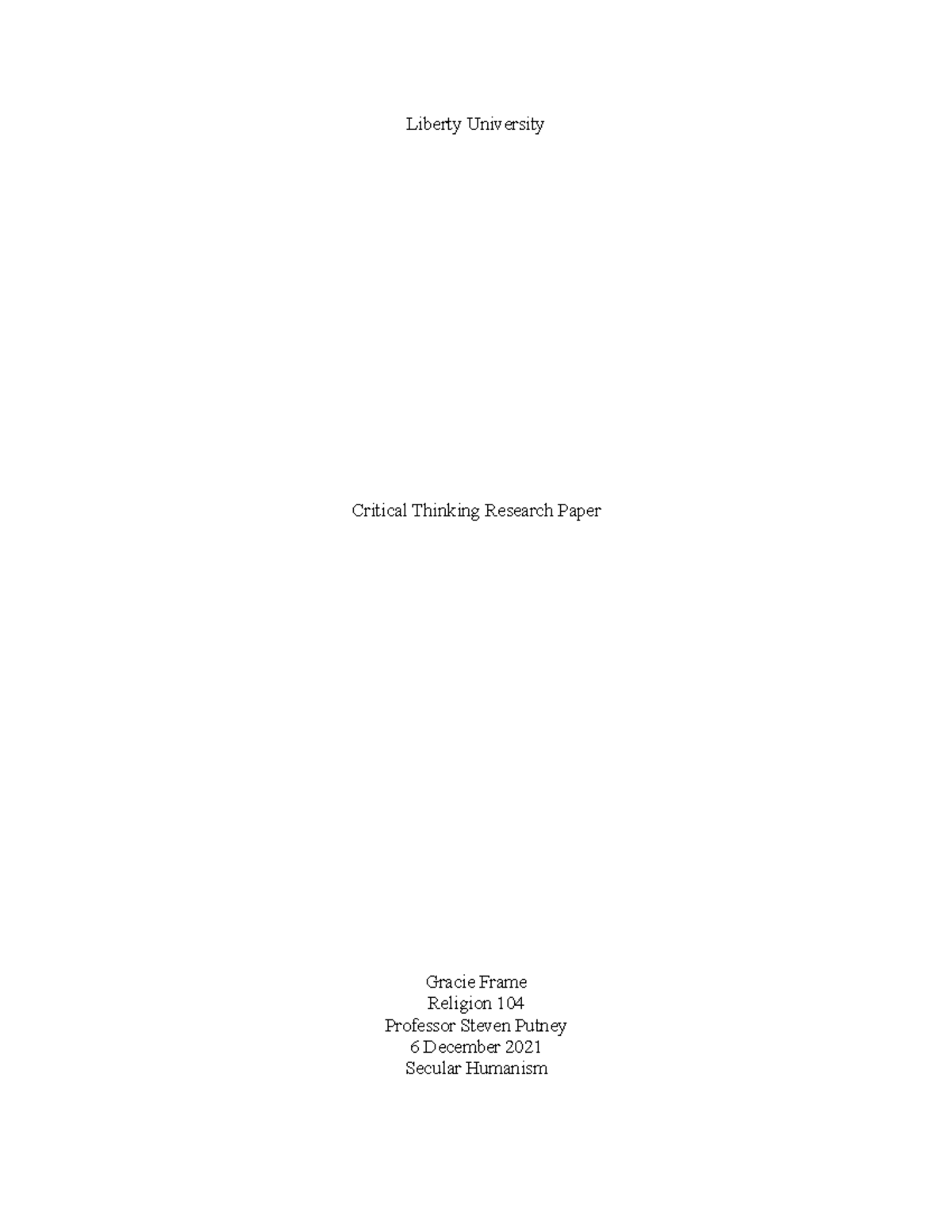 Secular Humanism Research Paper - Liberty University Critical Thinking ...