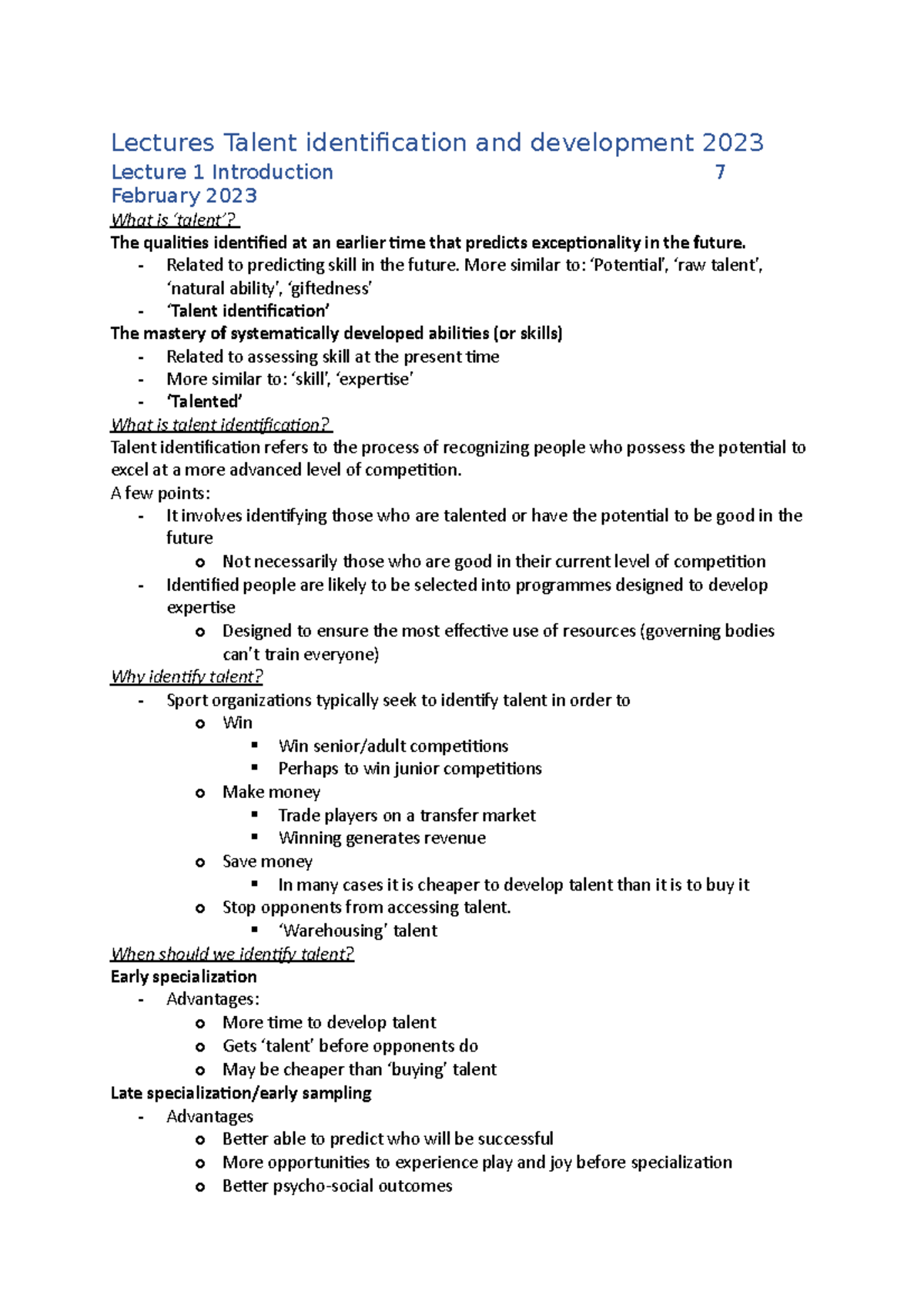 Talent Identification and Development in Sport - Lecture Notes 2023 ...