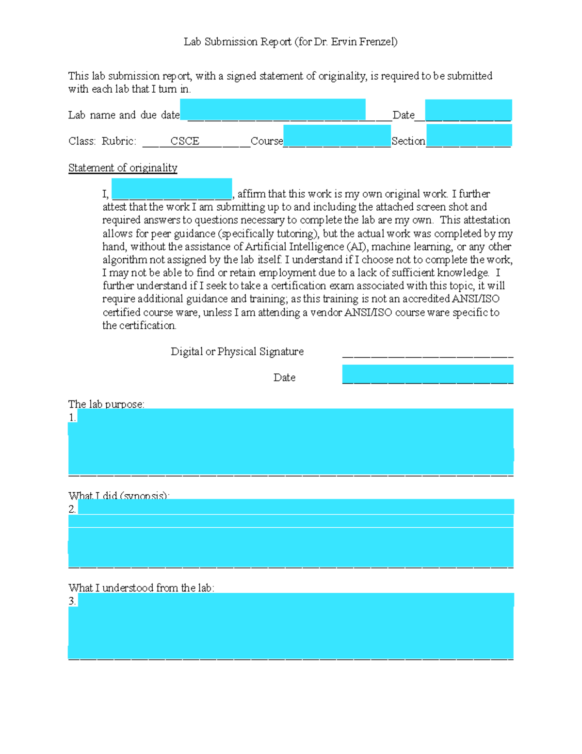 Lab Submission Report for Dr. Ervin Frenzel - Originality Statement ...