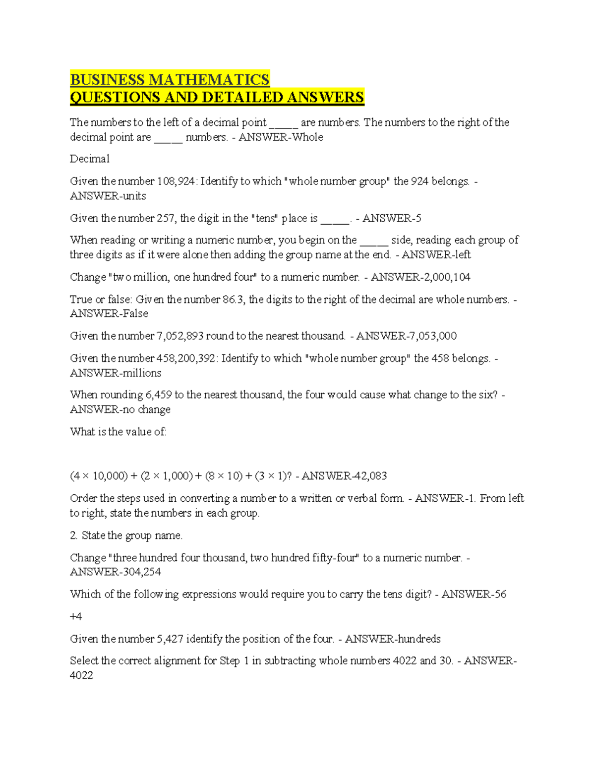 BUSINESS MATHEMATICS - STUDY QUESTIONS & ANSWERS - Studocu