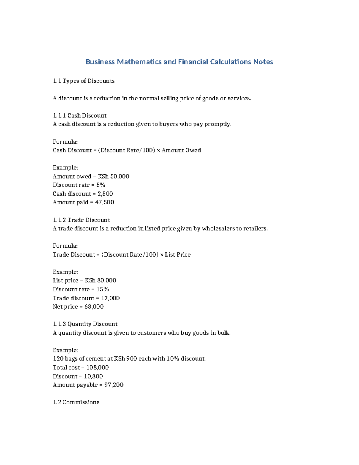 Business Mathematics & Financial Calculations Notes: Discounts & Wages ...
