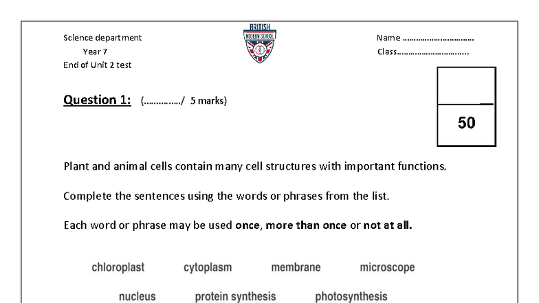 MS Year-7-end-of-unit-2-test - Year 7 Class ...