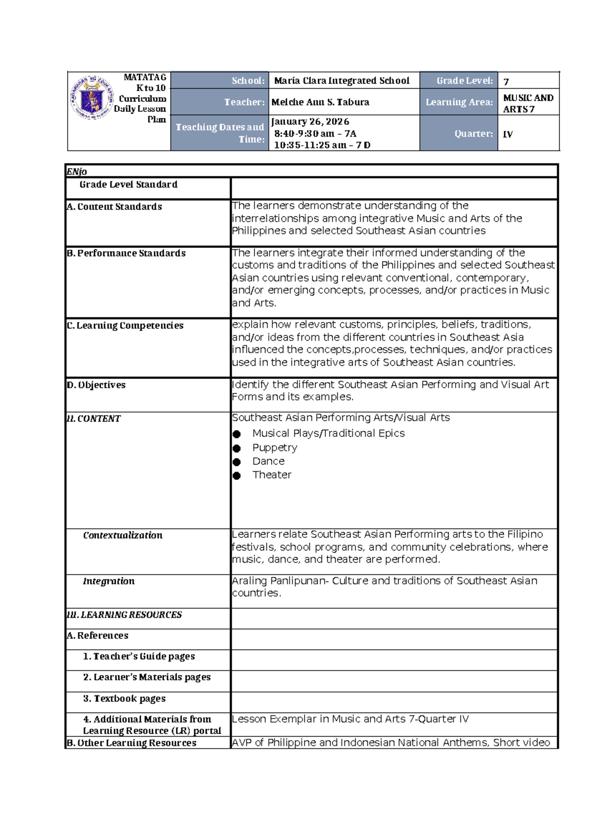 Q4 (ARTS) Daily Lesson Plan: Southeast Asian Performing Arts - Studocu