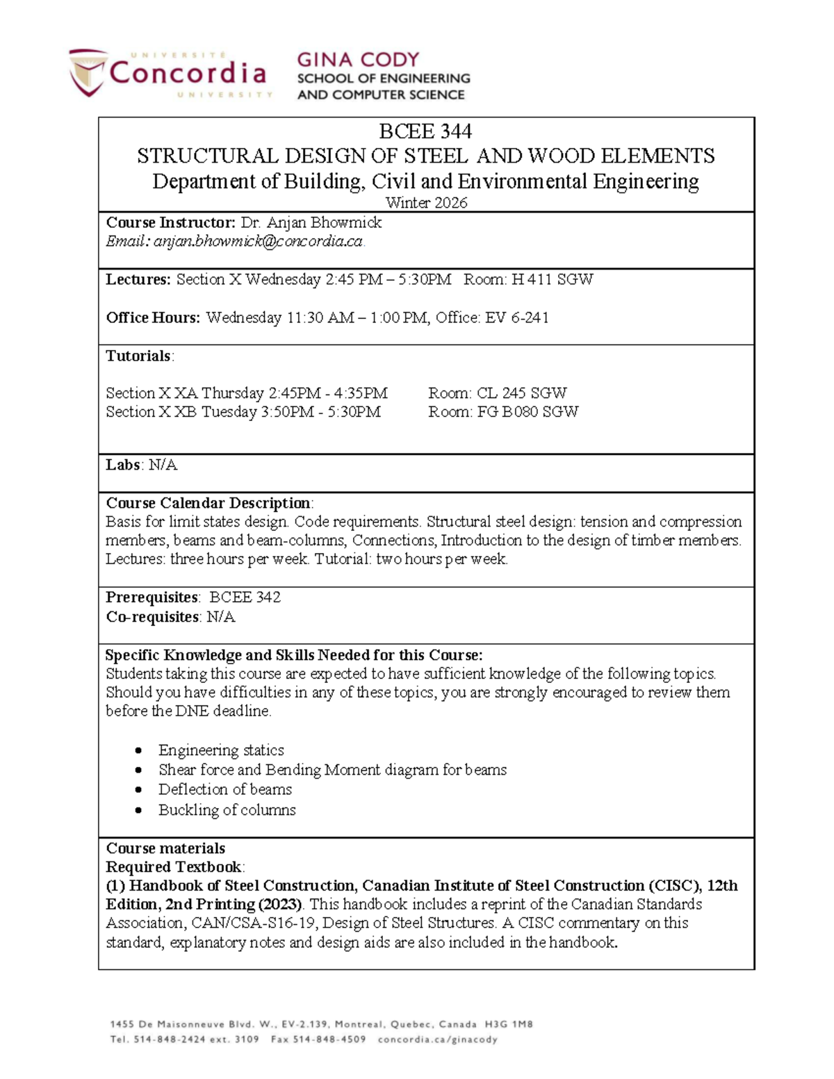 BCEE 344 Course Outline: Structural Design of Steel & Wood Elements ...