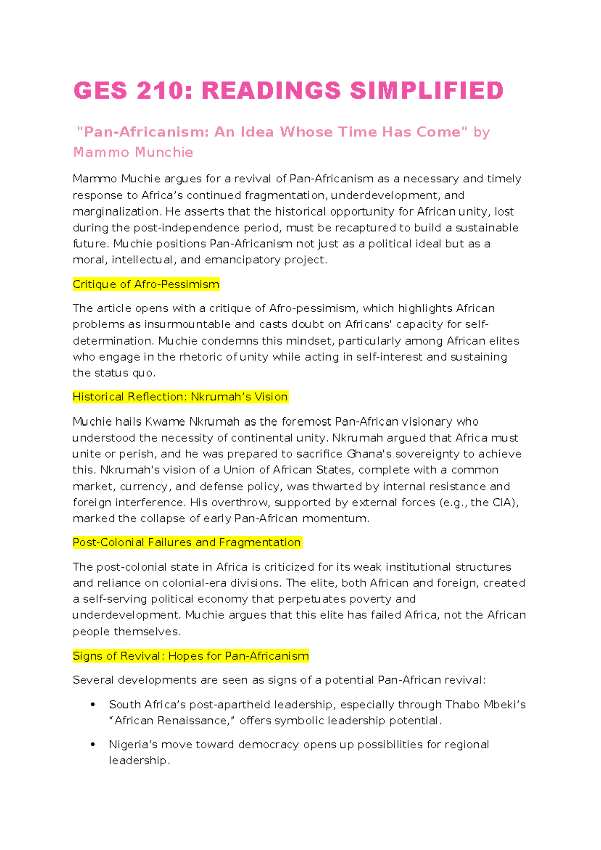 GES 210: Semester 1 Lecture Notes on African Unity and Challenges - Studocu