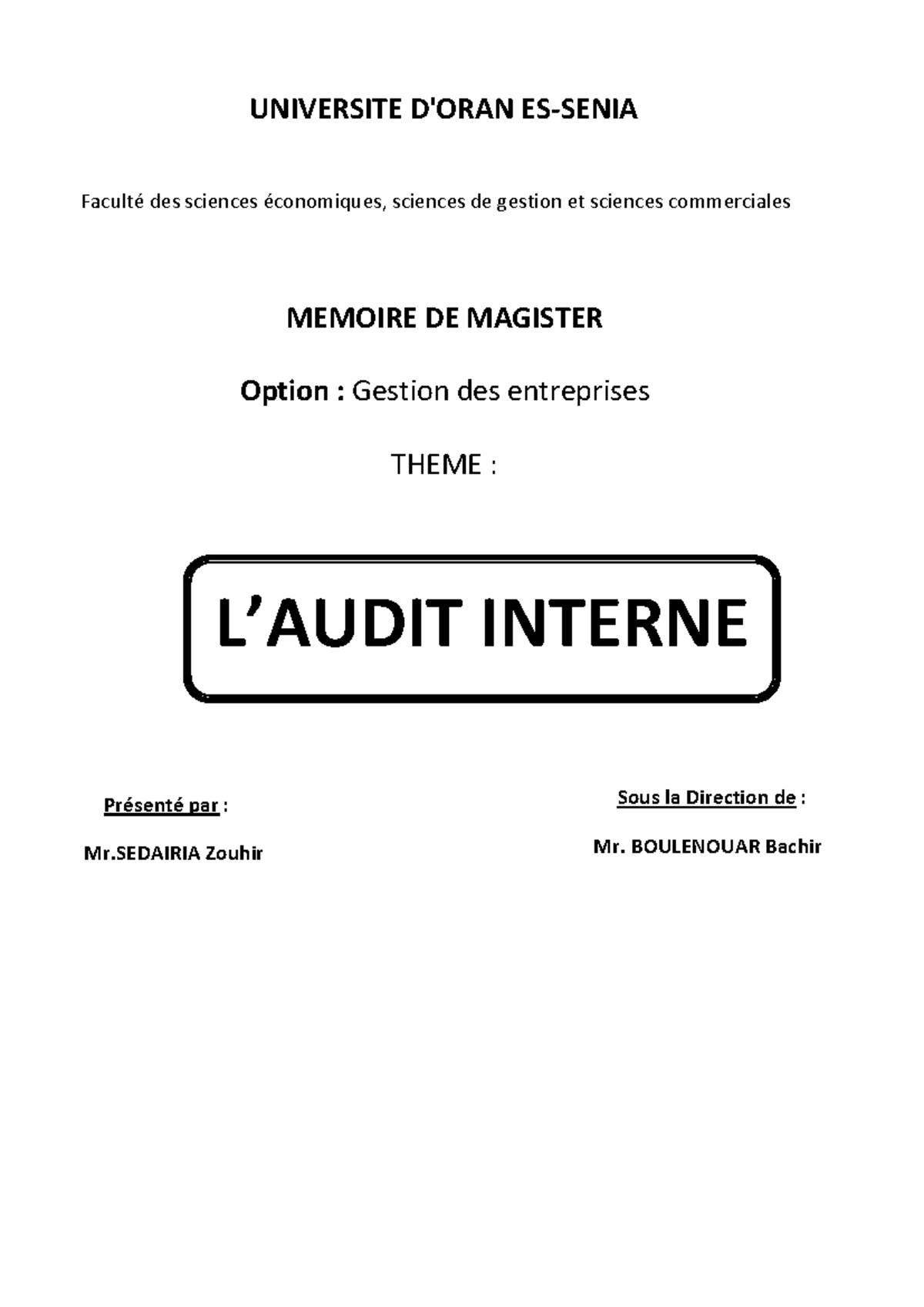 PFE Audit Interne : Étude Théorique et Pratiques Auditées - Studocu