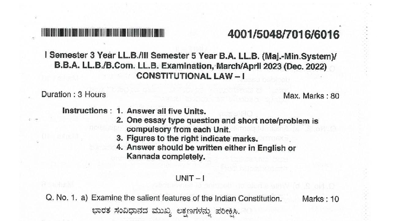 Constitutional Law I - B.A. LL.B. Examination Notes (March 2023) - Studocu